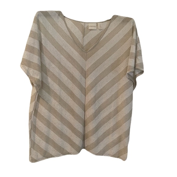 Chico's | Tops | Chicos Tan Linen Metallic Gold Diagonal Stripe Vneck ...